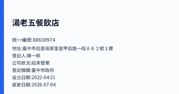 湯老五餐飲店的照片-統編 88630974(臺中市) 公司登記資料與營業項目詳細圖表