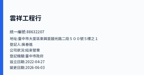 雲祥工程行的照片-統編 88632207(臺中市) 公司登記資料與營業項目詳細圖表