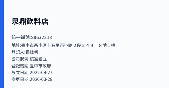 泉鼎飲料店的照片-統編 88632213(臺中市) 公司登記資料與營業項目詳細圖表