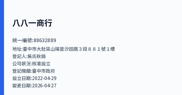 八八一商行的照片-統編 88632889(臺中市) 公司登記資料與營業項目詳細圖表