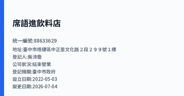 席語進飲料店的照片-統編 88633629(臺中市) 公司登記資料與營業項目詳細圖表