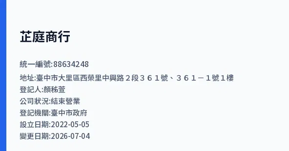 芷庭商行的照片-統編 88634248(臺中市) 公司登記資料與營業項目詳細圖表