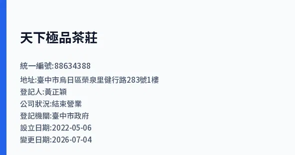 天下極品茶莊的照片-統編 88634388(臺中市) 公司登記資料與營業項目詳細圖表