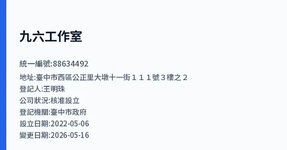 九六工作室的照片-統編 88634492(臺中市) 公司登記資料與營業項目詳細圖表