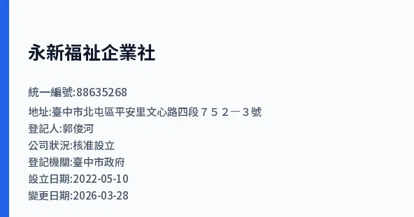 永新福祉企業社的照片-統編 88635268(臺中市) 公司登記資料與營業項目詳細圖表