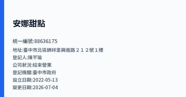 安娜甜點的照片-統編 88636175(臺中市) 公司登記資料與營業項目詳細圖表