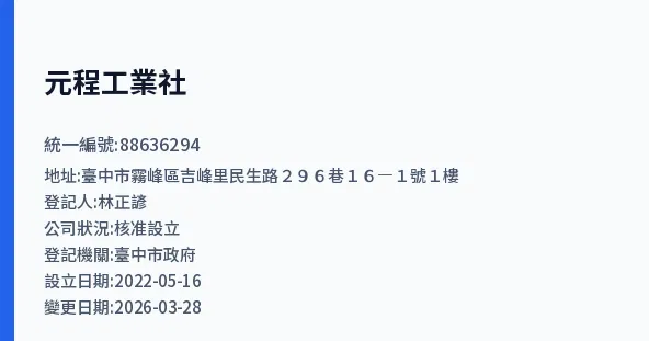 元程工業社的照片-統編 88636294(臺中市) 公司登記資料與營業項目詳細圖表