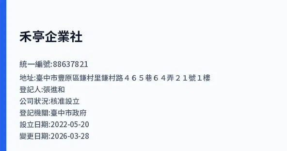 禾亭企業社的照片-統編 88637821(臺中市) 公司登記資料與營業項目詳細圖表