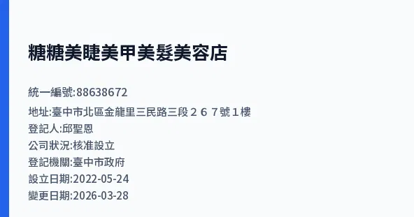 糖糖美睫美甲美髮美容店的照片-統編 88638672(臺中市) 公司登記資料與營業項目詳細圖表