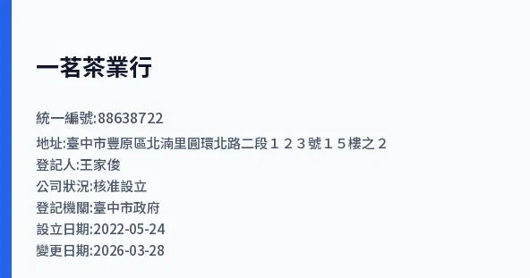 一茗茶業行的照片-統編 88638722(臺中市) 公司登記資料與營業項目詳細圖表