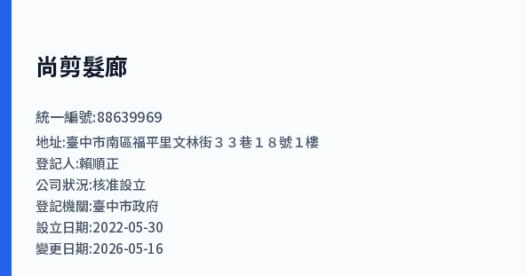 尚剪髮廊的照片-統編 88639969(臺中市) 公司登記資料與營業項目詳細圖表