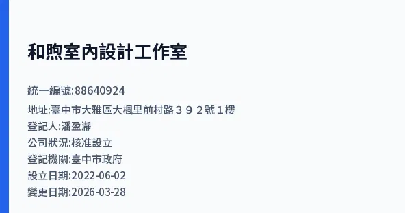 和煦室內設計工作室的照片-統編 88640924(臺中市) 公司登記資料與營業項目詳細圖表