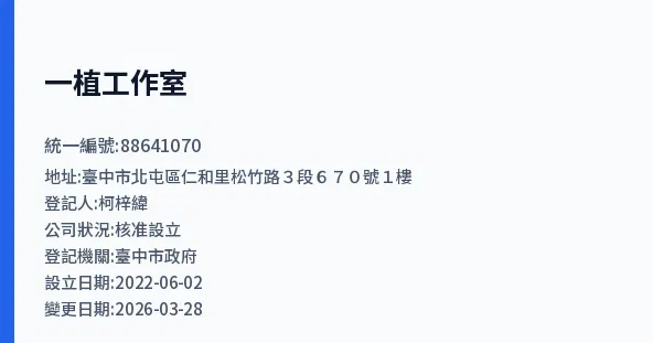 一植工作室的照片-統編 88641070(臺中市) 公司登記資料與營業項目詳細圖表