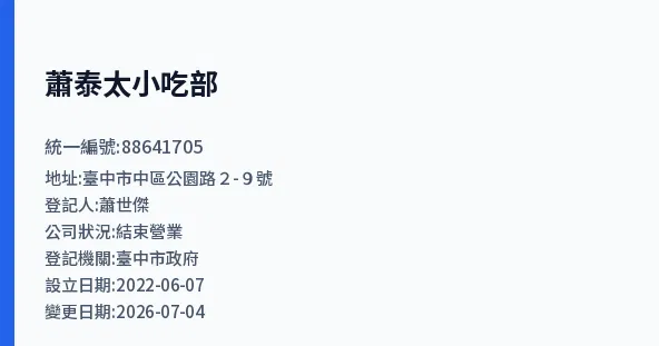 蕭泰太小吃部的照片-統編 88641705(臺中市) 公司登記資料與營業項目詳細圖表