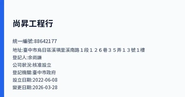 尚昇工程行的照片-統編 88642177(臺中市) 公司登記資料與營業項目詳細圖表