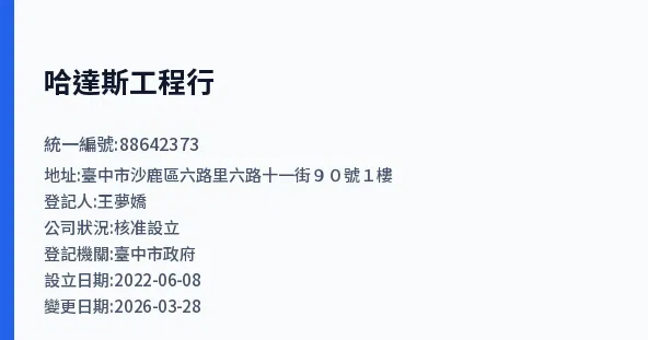 哈達斯工程行的照片-統編 88642373(臺中市) 公司登記資料與營業項目詳細圖表