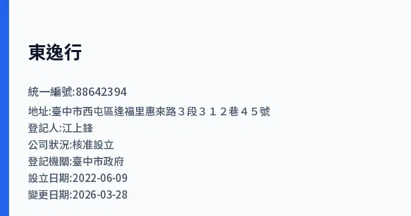 東逸行的照片-統編 88642394(臺中市) 公司登記資料與營業項目詳細圖表