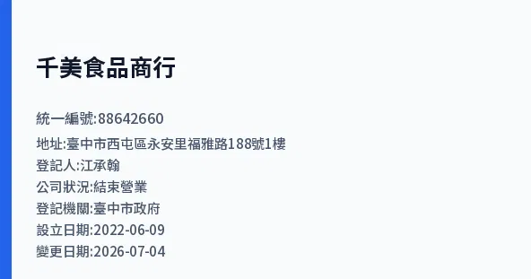 千美食品商行的照片-統編 88642660(臺中市) 公司登記資料與營業項目詳細圖表