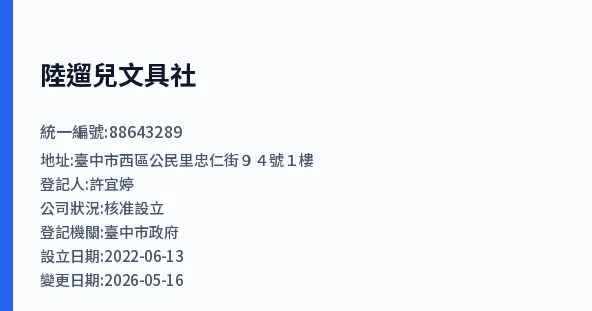 陸遛兒文具社的照片-統編 88643289(臺中市) 公司登記資料與營業項目詳細圖表