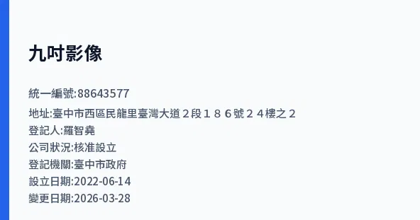 九吋影像的照片-統編 88643577(臺中市) 公司登記資料與營業項目詳細圖表