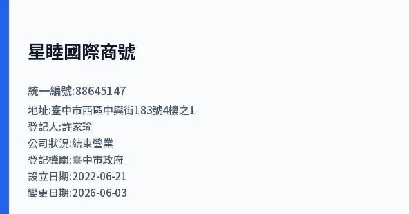 星睦國際商號的照片-統編 88645147(臺中市) 公司登記資料與營業項目詳細圖表