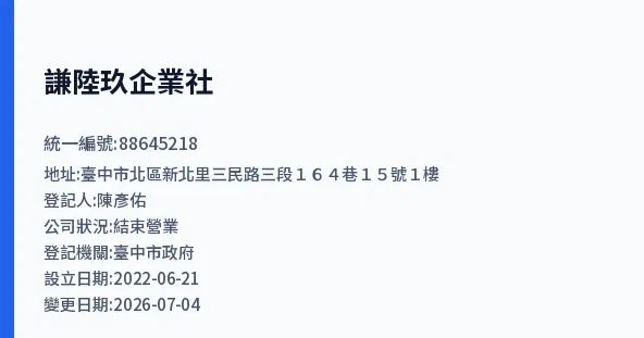 謙陸玖企業社的照片-統編 88645218(臺中市) 公司登記資料與營業項目詳細圖表