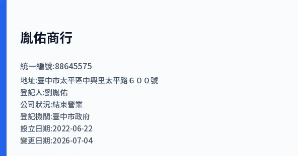 胤佑商行的照片-統編 88645575(臺中市) 公司登記資料與營業項目詳細圖表