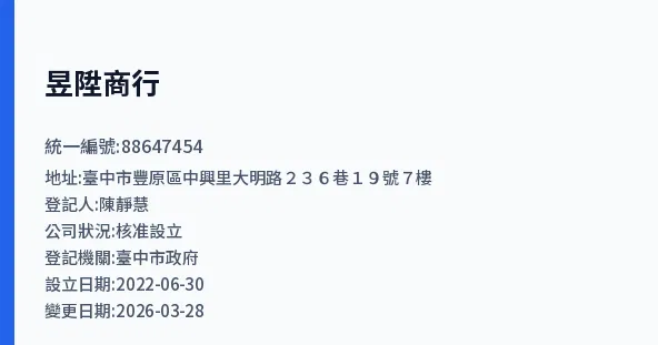 昱陞商行的照片-統編 88647454(臺中市) 公司登記資料與營業項目詳細圖表