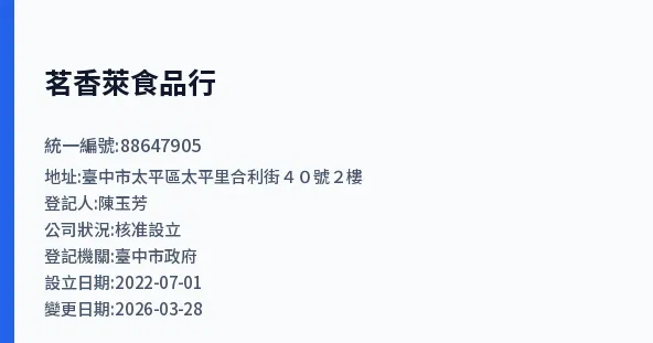 茗香萊食品行的照片-統編 88647905(臺中市) 公司登記資料與營業項目詳細圖表