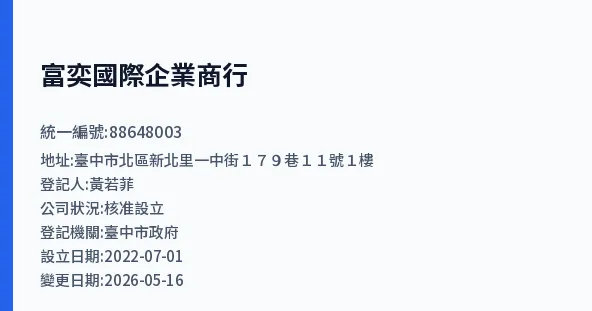 富奕國際企業商行的照片-統編 88648003(臺中市) 公司登記資料與營業項目詳細圖表