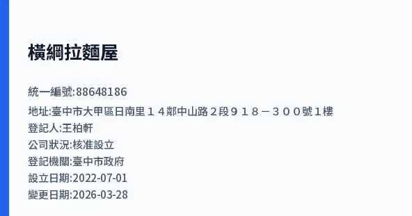 橫綱拉麵屋的照片-統編 88648186(臺中市) 公司登記資料與營業項目詳細圖表