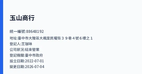 玉山商行的照片-統編 88648192(臺中市) 公司登記資料與營業項目詳細圖表