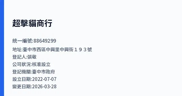 超擊貓商行的照片-統編 88649299(臺中市) 公司登記資料與營業項目詳細圖表
