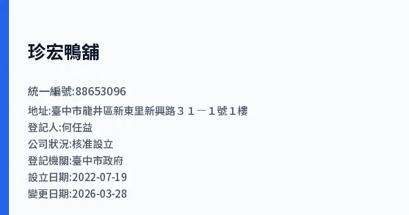 珍宏鴨舖的照片-統編 88653096(臺中市) 公司登記資料與營業項目詳細圖表