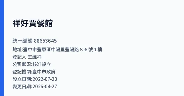 祥好賈餐館的照片-統編 88653645(臺中市) 公司登記資料與營業項目詳細圖表