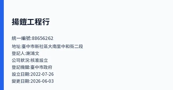 揚鎧工程行的照片-統編 88656262(臺中市) 公司登記資料與營業項目詳細圖表