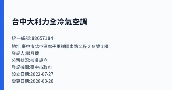 台中大利力全冷氣空調的照片-統編 88657184(臺中市) 公司登記資料與營業項目詳細圖表