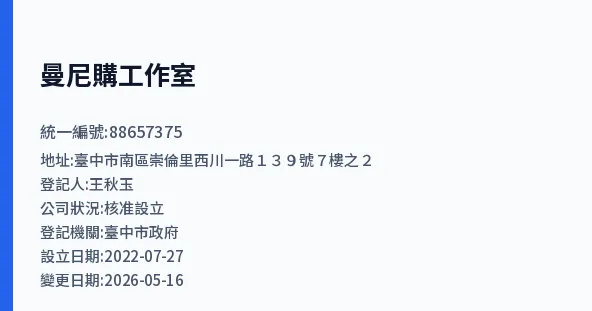 曼尼購工作室的照片-統編 88657375(臺中市) 公司登記資料與營業項目詳細圖表