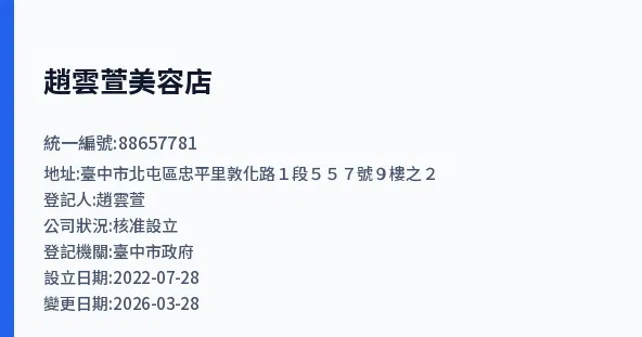 趙雲萱美容店的照片-統編 88657781(臺中市) 公司登記資料與營業項目詳細圖表