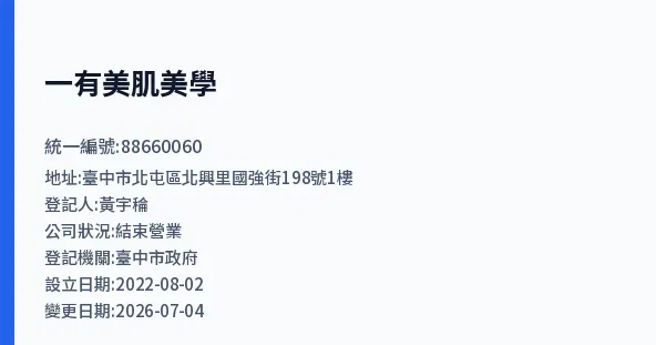 一有美肌美學的照片-統編 88660060(臺中市) 公司登記資料與營業項目詳細圖表