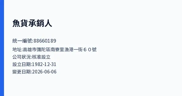 魚貨承銷人的照片-統編 88660189(高雄市) 公司登記資料與營業項目詳細圖表