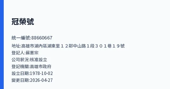 冠榮號的照片-統編 88660667(高雄市) 公司登記資料與營業項目詳細圖表