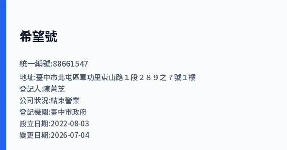 希望號的照片-統編 88661547(臺中市) 公司登記資料與營業項目詳細圖表