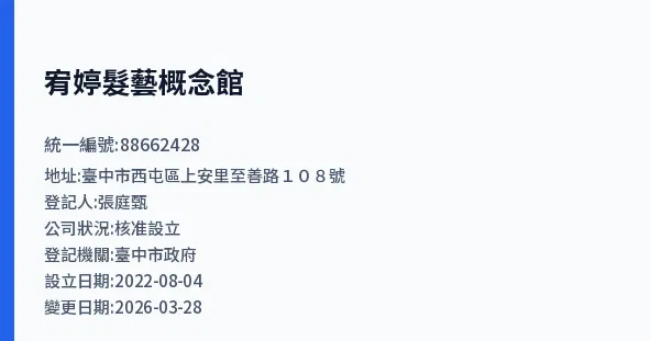 宥婷髮藝概念館的照片-統編 88662428(臺中市) 公司登記資料與營業項目詳細圖表