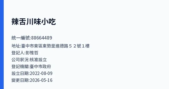 辣舌川味小吃的照片-統編 88664489(臺中市) 公司登記資料與營業項目詳細圖表