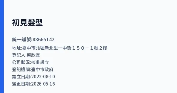 初見髮型的照片-統編 88665142(臺中市) 公司登記資料與營業項目詳細圖表