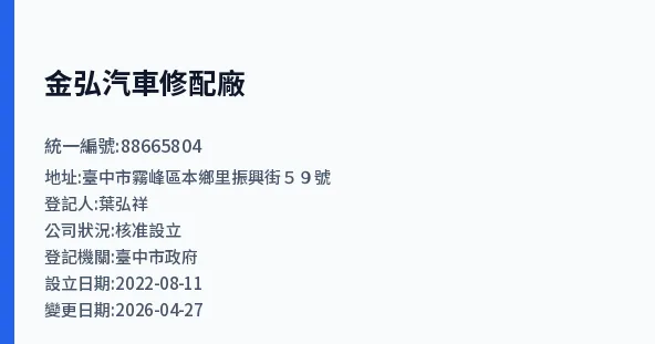 金弘汽車修配廠的照片-統編 88665804(臺中市) 公司登記資料與營業項目詳細圖表