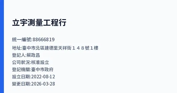立宇測量工程行的照片-統編 88666819(臺中市) 公司登記資料與營業項目詳細圖表
