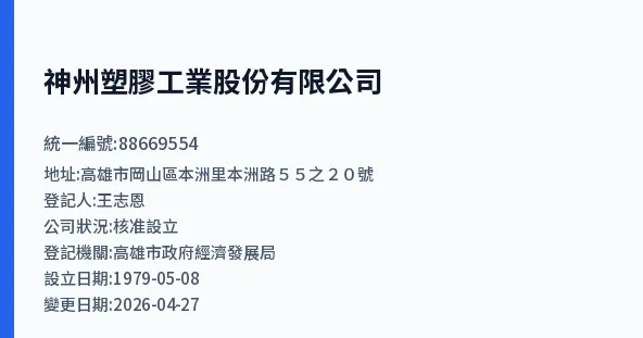 神州塑膠工業股份有限公司的照片-統編 88669554(高雄市) 公司登記資料與營業項目詳細圖表