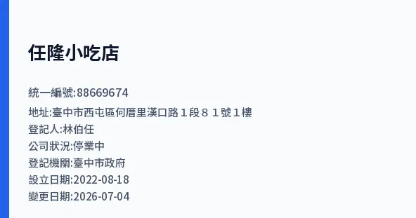 任隆小吃店的照片-統編 88669674(臺中市) 公司登記資料與營業項目詳細圖表